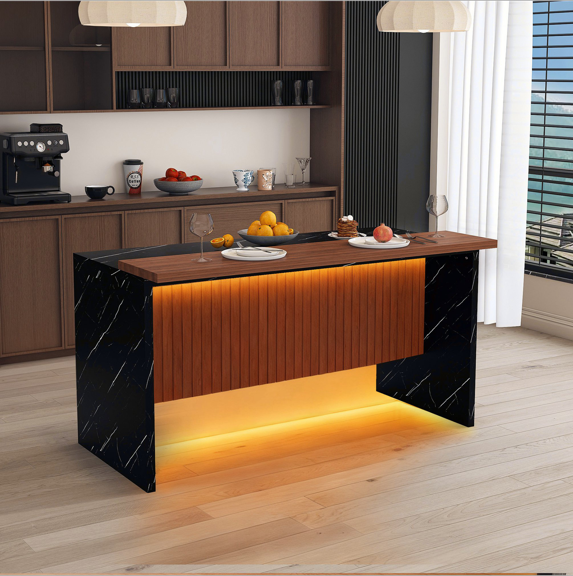 Latitude Run® 63" Modern Kitchen Island With Marble-Look Surface, LED Lights & Grille Design For ...